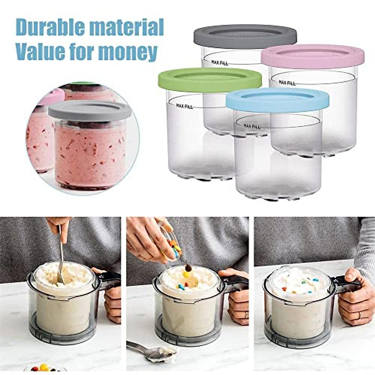 WEBTB Ice Cream Pints Cups Reusable Ice Cream Pints Containers Kitchen Accessory with Lids for Ninja XSKPLID2CD, Compatible with NC299AMZ C300s Series to Ice Cream Mix Finished Products Storage (4PC)