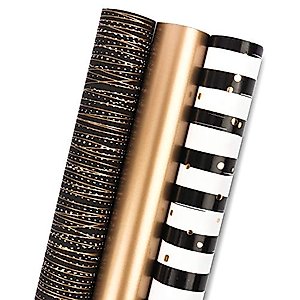 MAYPLUSS Wrapping Paper Roll - Mini Roll - 17 inch X 120 inch Per roll - 3 Different Black Gold Design (42.3 sq.ft.ttl)