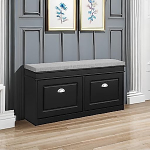 SoBuy Black Storage Shoe Bench with 2 Flip Drawers, Hidden Shoe Bench, Free Standing Shoe Rack, Shoe Cabinet, Hallway Storage Bench with Seat Cushion FSR64-SCH