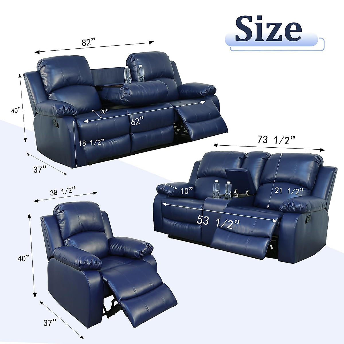 GEBADOL 2 Seaters Recliner Loveseat, Leather Reclining Couch with Cup Holder and Center Console for Living Room/Apartment/Office, Blue