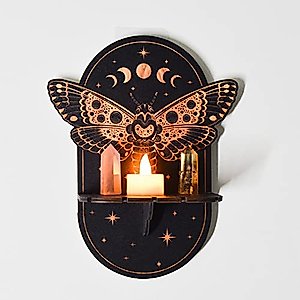 Moon Moth Shelf Crystals 10x5.5 inch Wooden Black Golden Boho Holder with Snake Pattern Crystal Gemstones Display Essential Oil Candles Gothic Home Decor (Type3-Butterfly)