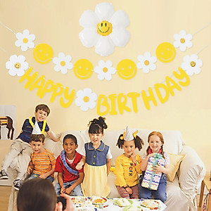 Happy Birthday Banner, Daisy Birthday Party Decorations with Daisy Balloon and Felt Daisy Smiley Face Birthday Banners for Boho Hippie Groovy Smiley Face Party Baby Shower Girl Birthday Decorations