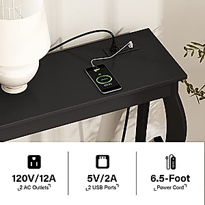 ChooChoo Console Table with Outlets and USB Ports, Narrow Sofa Table, Chic Accent Table for Living Room, Entryway, Hallway, Foyer, Black