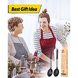 Pack of 2 Large Silicone Cooking Spoons,Non Stick Solid Basting Spoon,Heat-Resistant Kitchen Utensils for Mixing,Serving,Draining,Stirring (BLACK)