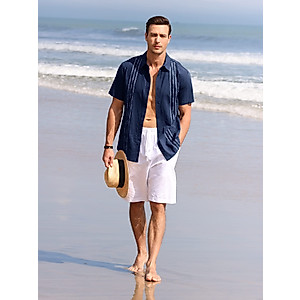 Runcati Mens Short Sleeve Guayabera Shirts Linen Cotton Button Up Mexican Embroidered Cuban Wedding Shirt Navy