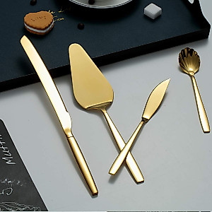 Berglander Gold Serving Utensils 10 Pieces, Titanium Golden Plating Serving Spoons, Included Cake Knife Cake Server Serving Forks Sugar Spoon Salad Spoon Forks Butter Knife Gravy Ladle ect.