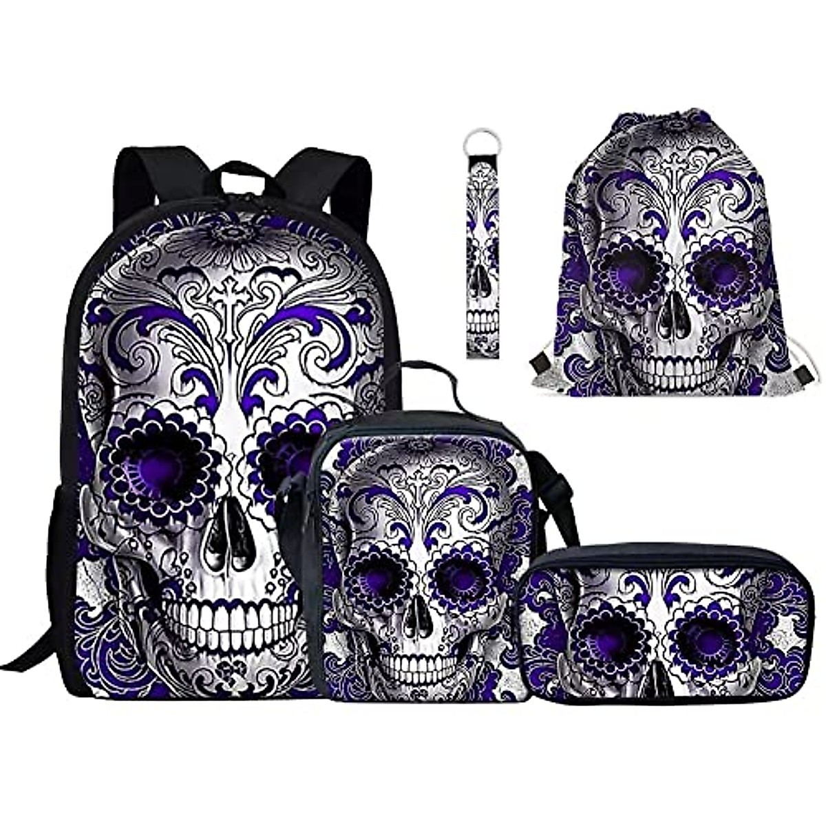 FKELYI Purple Skull Backpacks for Girls Boys Sugar Skull Print School Bags Daypack/Lunch Box/Drawstring Bags/Pencil Case/Keychain Holder,Mandala Boho Style