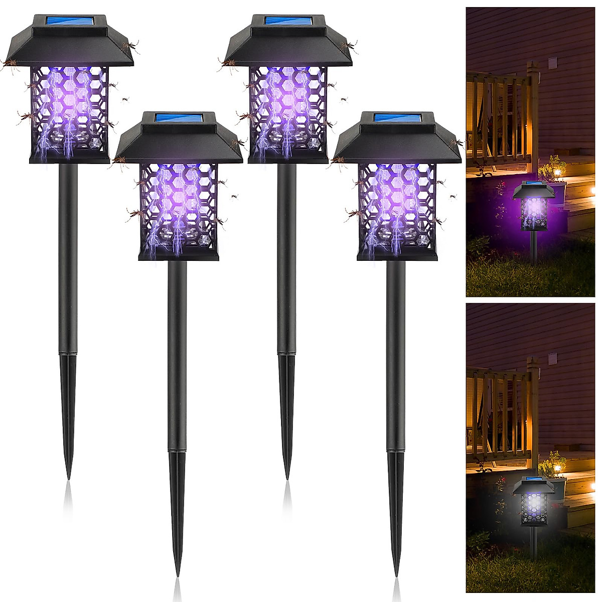 Qualirey 4 Pcs Solar Bug Zapper Outdoor Waterproof Mosquito Zapper Outdoor Mosquito Killer Lamp for Indoor Garden Patio Backyard Use Insect Fly Pest Mosquito Repellent, Purple and White Light