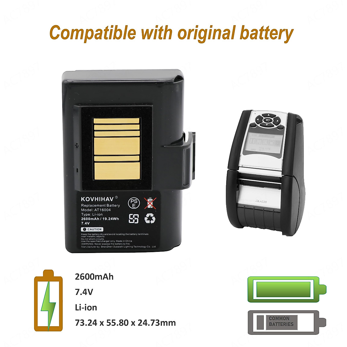 Replacement Battery for Zebra Qln220 Qln320 Zr638 Zq520 ZQ500 ZQ510 Printers,fits P1031365-025 P1031365-069 2600mAh