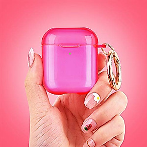 AIRSPO Airpods Case Cover, Clear Soft TPU Protective Cover Compatible with Apple AirPods 1/2 Wireless Charging Case with Keychain (Neon Hot Pink)