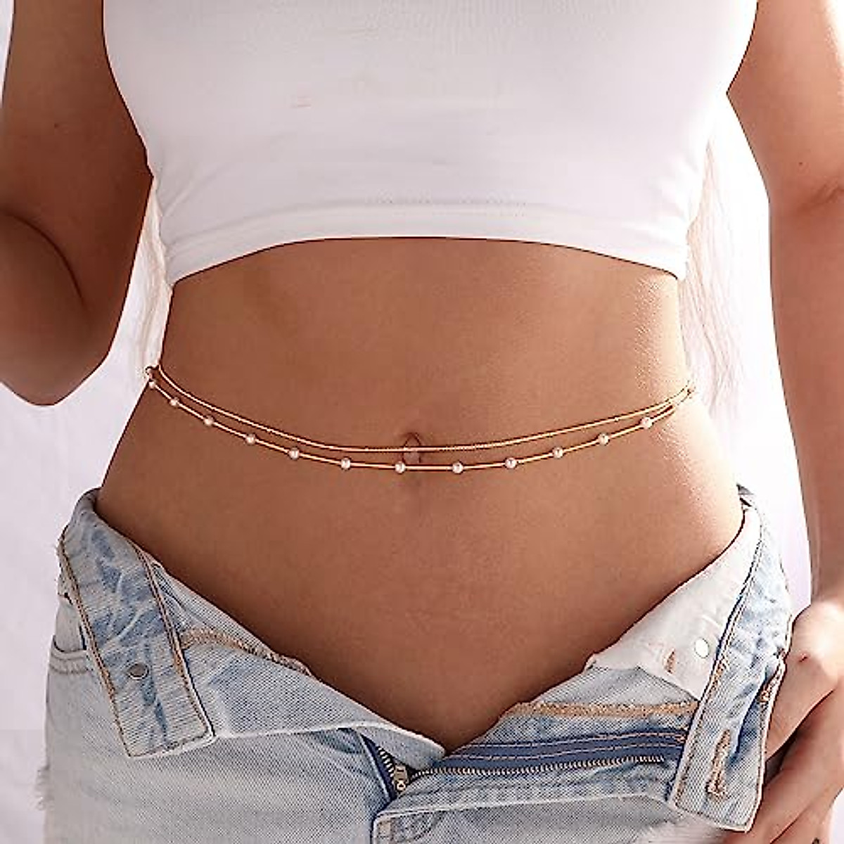 Amicon 2PCS 18K Gold Plated Waist Chain Pearl Belly Body Chain Layered Satellite Waist Chains Minimalist Beach Bikini Body Jewelry for Women 26.5-33Inch