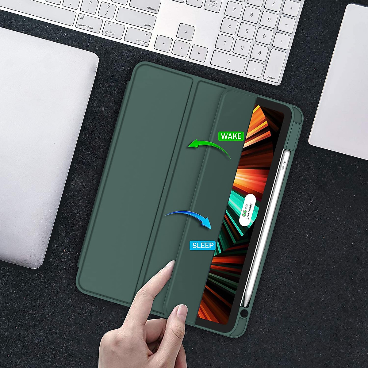 ZryXal New iPad Pro 12.9 Inch Case 2022/2021/2020(6th/5th/4th Gen) with Pencil Holder,Smart Case [Support Touch ID and Auto Wake/Sleep] with Auto 2nd Gen Pencil Charging (Midnight Green)
