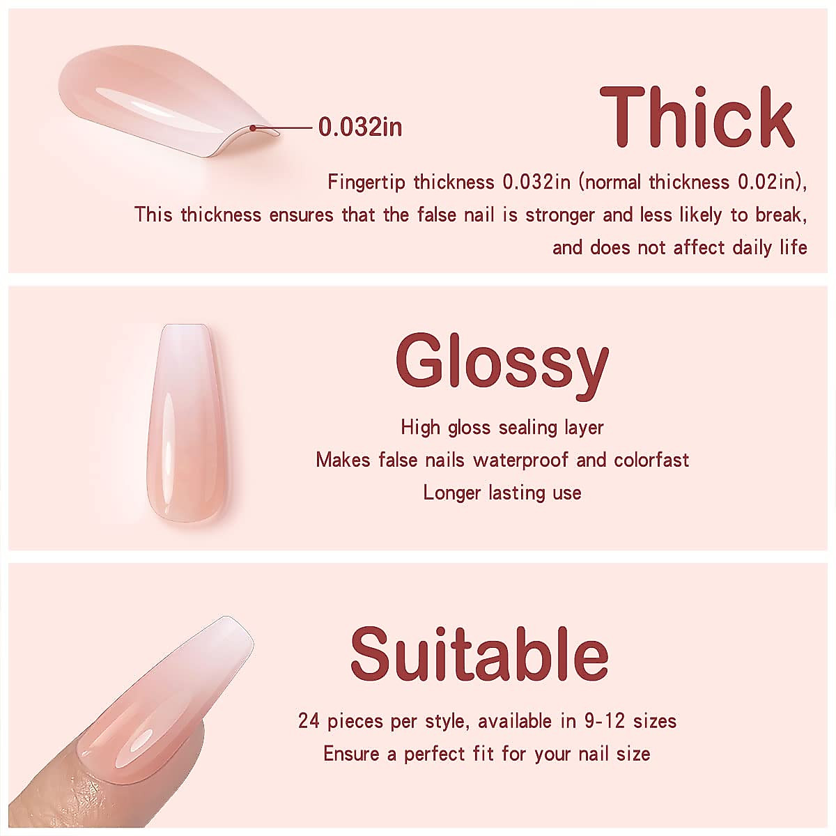 Yivaiks 24pcs Advanced Hand Made Glitter Gradient Pink Press on Nails Medium Length,Luxurious Crystal Gem Design Ballerina Long Coffin Fake Glue for Women Acrylic Perfect Accessory Banquets, Soirees, Parties(GD-004)
