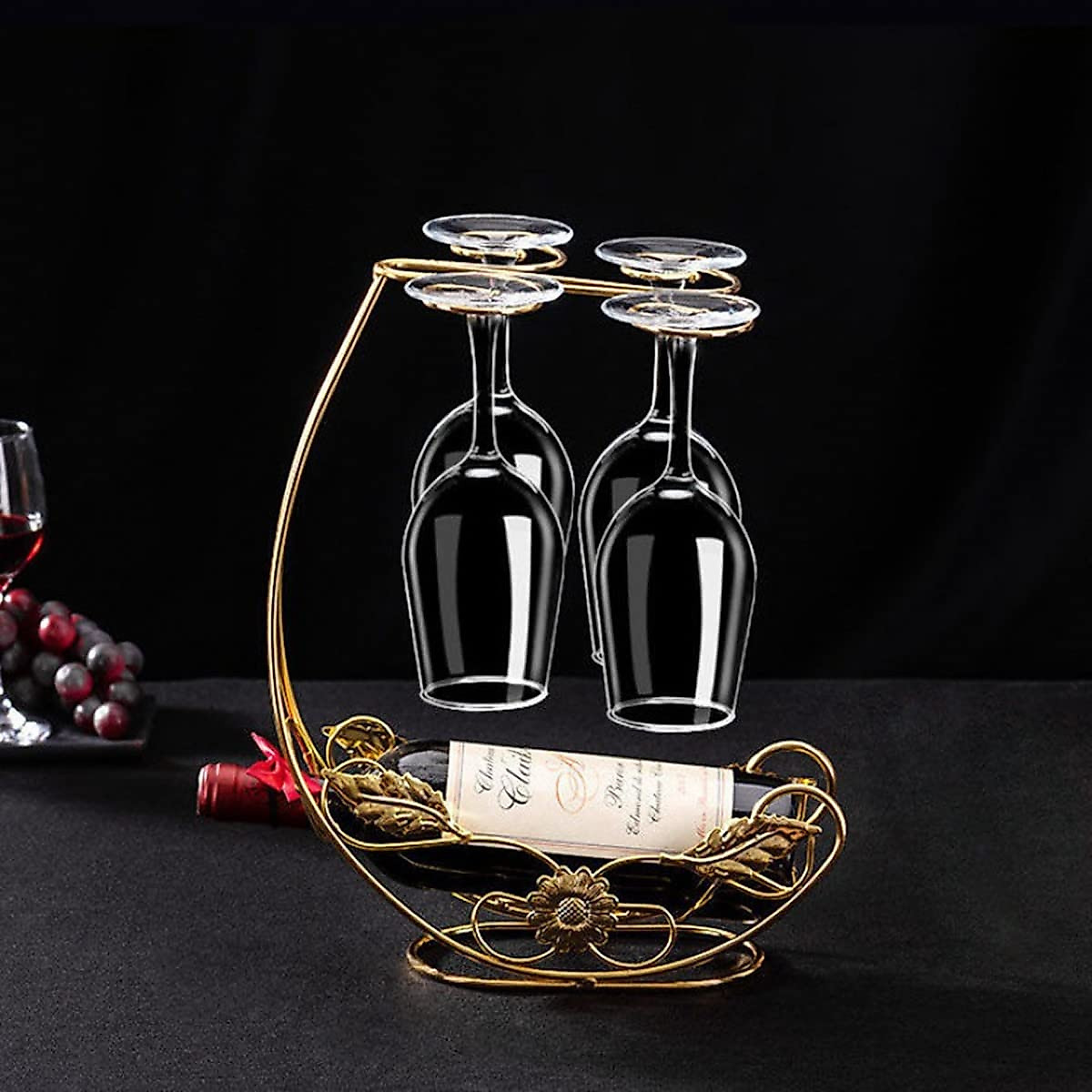 Homya Tabletop Wine Rack, Metal Fine Forged Wine Glass Holder, Kitchen Bar Wine Glass Display Holder, Holds 1 Wine Bottle and 4 Wine Glasses, Table Wine Bottle Accessories, Gold