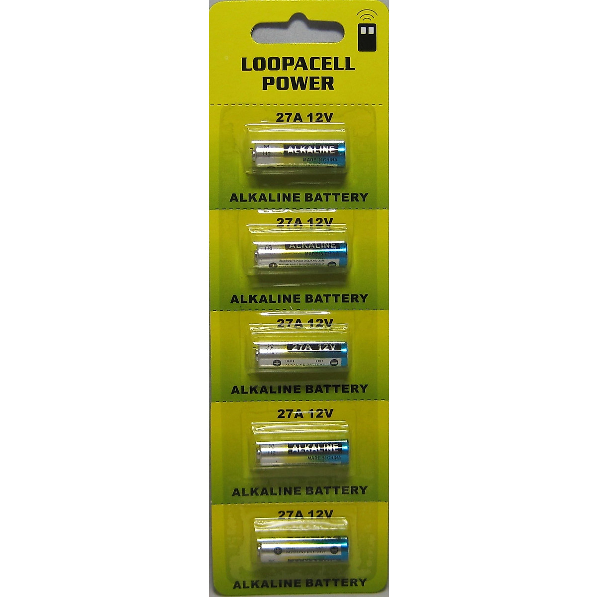 LOOPACELL 27A 12V Alkaline Battery (Pack of 5) - Long Lasting, Leakproof MN27 Battery for Garage Door Openers, Key Fobs, Heated Socks, Ceiling Fan Remote Control, Alarm Remote Control & More