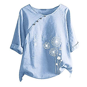 DASAYO Women Cotton Linen Crew Neck Shirt Tops Dandelion Print Half Sleeve Tee Top Shirts Trendy Vintage Comfy Blouse Shirt