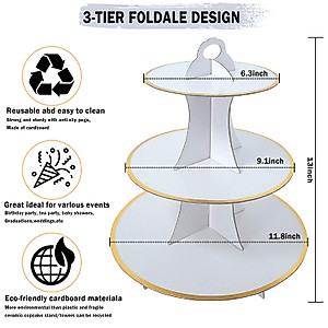 2 Set White and Gold 3-Tier Round Cardboard Cupcake Stand for 24 Cupcakes Perfect for Oh Baby Bridal Shower Birthday Party Supplies (White)