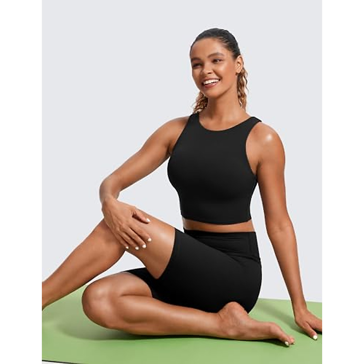 CRZ YOGA Butterluxe Womens Racerback High Neck Longline Sports Bra - Padded Workout Crop Tank Tops with Built in Shelf Bra Black Medium