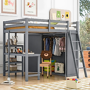LostCat Full Size Loft Bed with Desk, Loft Bed with Wardrobes and Desk, Solid Wood Loft Bed Frame with Storage and Ladder for Teens Adults Girls Boys, No Box Spring Needed, Grey