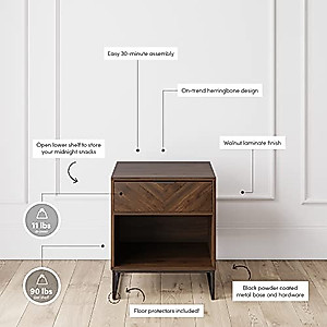 Nathan James Kensi Nightstand Side Accent or End Table with Storage, Walnut/Black