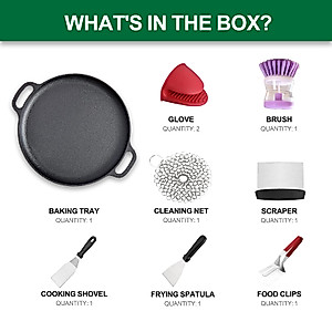 KAVSI Cast Iron Pan, Pizza Pan with Dual Handle, Baking Pan, Cast Iron Skillets for Cooktop, Oven, BBQ-12 Inch Pizza Cooker with 7 Pcs Accessories