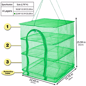 WEISGJA Hanging Drying Rack 4 Layers Foldable Nylon Netting, Folding Fish Mesh, Drying Fish Net for Shrimp Fish Fruit Vegetables Herb, with Zipper Opening, Green (22.4X15.7X25.5 in/Large)