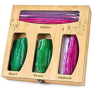 AKAT HOME Bamboo Ziplock Bag Storage Organizer & Baggie Dispenser for Kitchen Drawer – Wooden Zip Lock Container Holder Wall Gallon,Sandwich,Snack,Quart (Flip, Engraved, - M1)