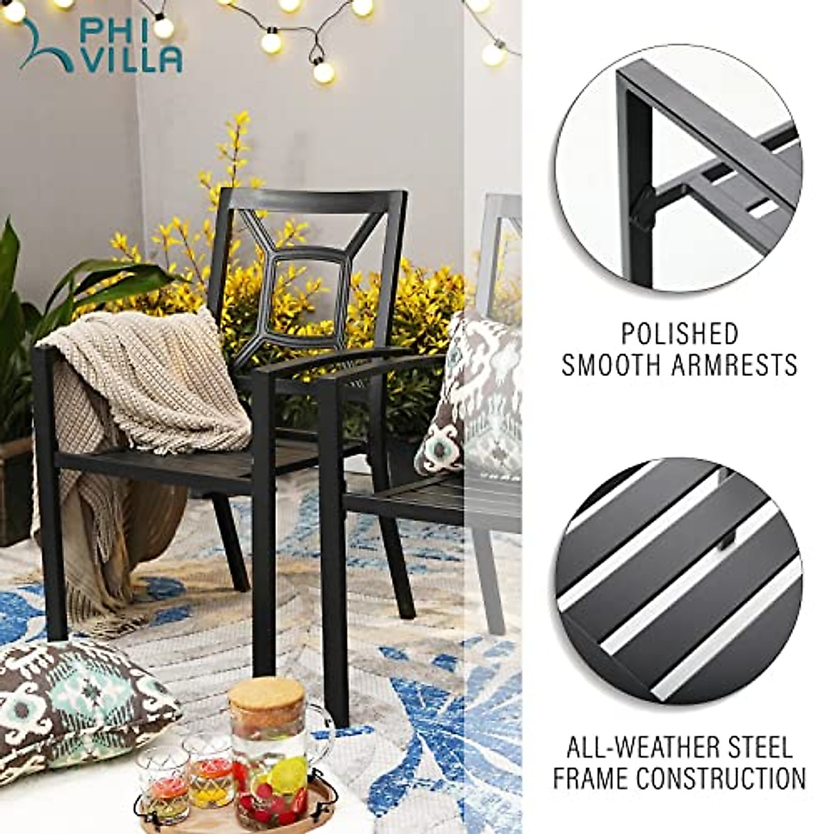 PHI VILLA 7 Piece Outdoor Dining Table Set, 61"x37" Rectangular Dining Table with Wood Top & 1.56” Umbrella Hole and 6 Metal Chairs for Patio, Deck