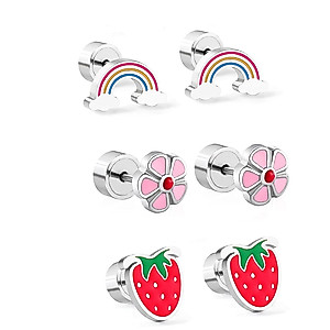 20g Strawberry Flower Rainbow Tiny Small Stud Earrings for Women Cartilage Tragus Sensitive Ear Flat Back Cute Stainless Steel Hypoallergenic Sleeper Huggie Piercing Fashion Jewelry Gifts Bff Birthday Daughter Xmas 3 Pairs Set