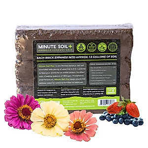 Minute Soil Plus Brick - NPK Amended Compressed Coco Coir Fiber Grow Medium - 3 Bricks = 1.5 Gallons of Potting Soil Each - Gardening, Plants, Flowers, Herbs, Microgreens - Peat Free