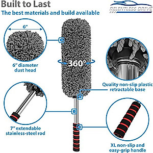 Relentless Drive Car Duster Exterior Scratch Free - Premium Microfiber Duster for Car - Long Secure Extendable Handle, Removes Pollen, Dust & Lint - Large Duster for Car, Truck, SUV, RV & Motorcycle