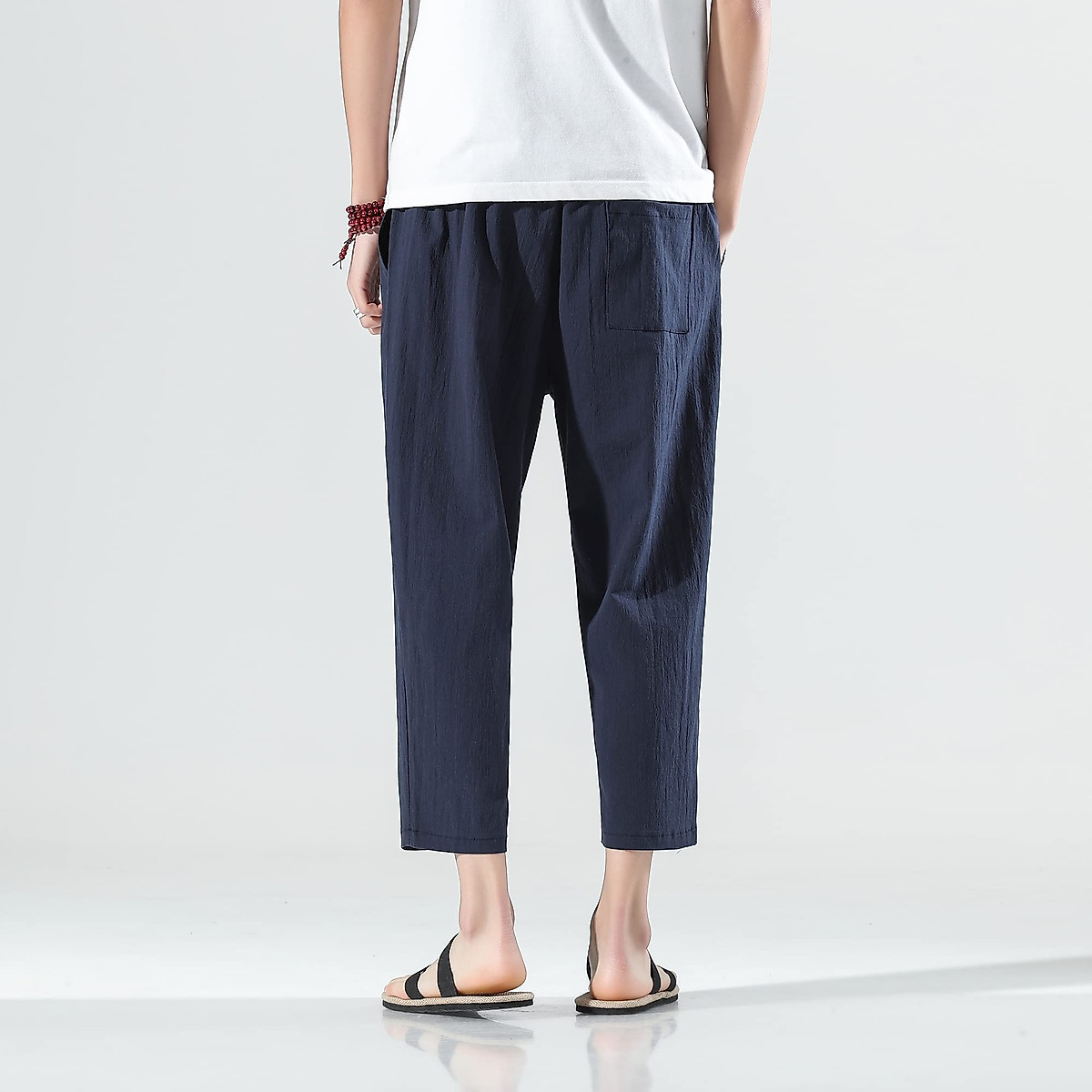 PRIJOUHE Mens Harem Pants Casual Lightweight Loose Fit Capri Pants Linen Beach Pants with Elastic Waistband