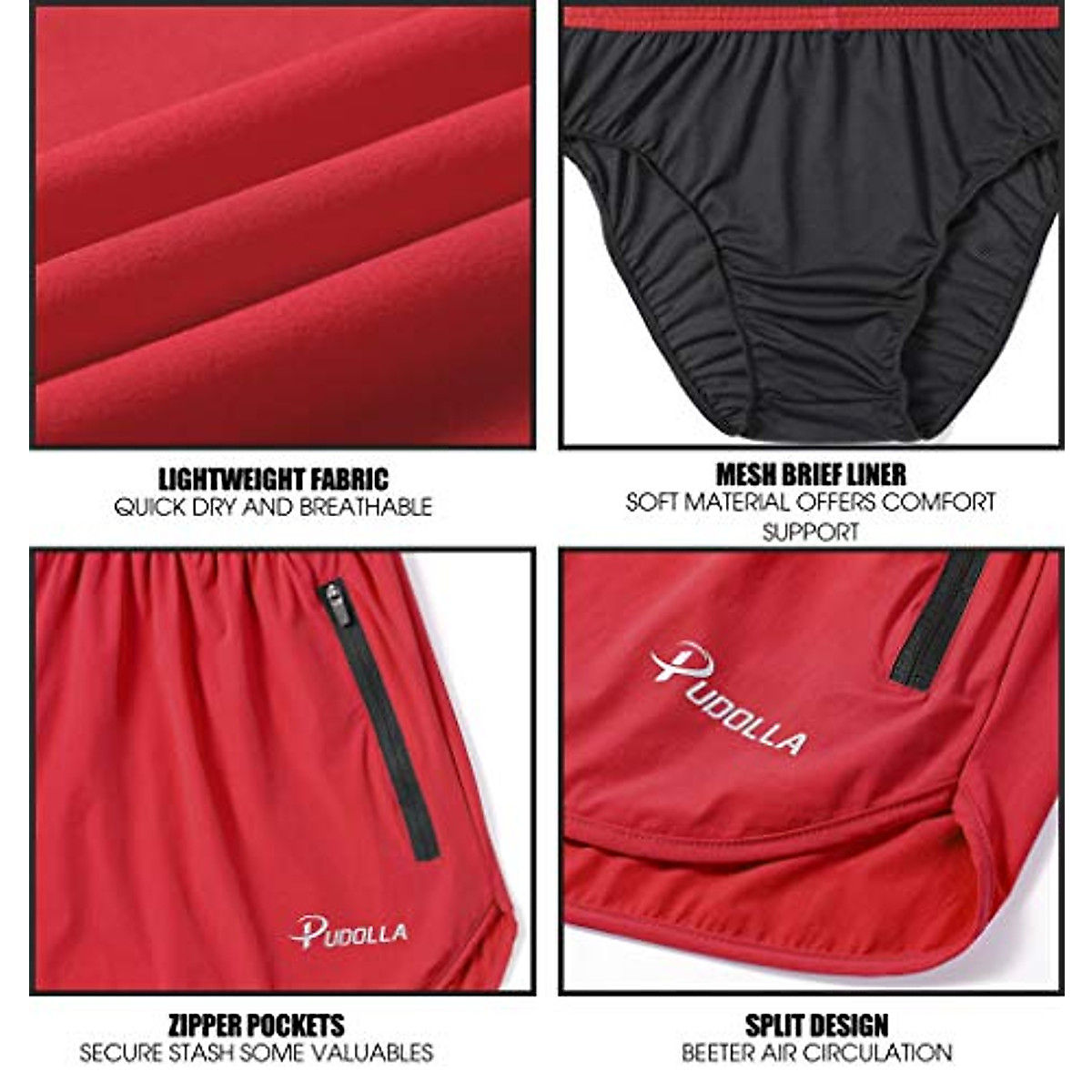 Pudolla Men’s Running Shorts 3 Inch Quick Dry Gym Athletic Workout Shorts for Men with Zipper Pockets(Dark Red X-Large)