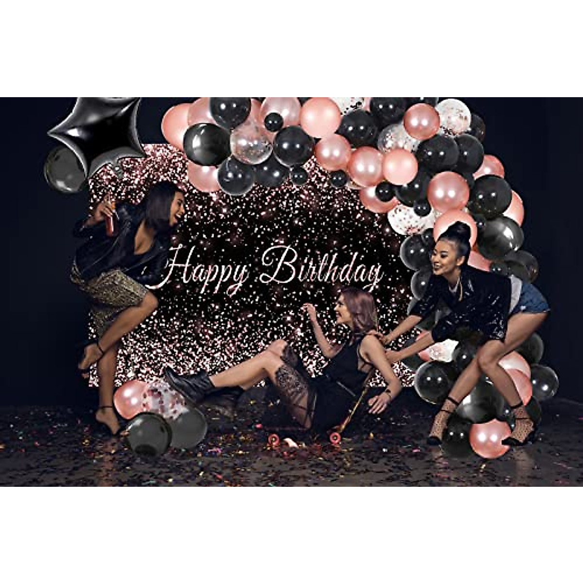 Toylin Rose Gold Black Birthday Decorations, 100 pcs Black Rose Gold Birthday Balloons Photography Backdrop Banner for Boys Girls Men Women Birthday Party Decorations Supplies