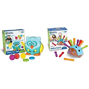 Learning Resources Fine Motor Friends Bundle, Spike The Fine Motor Hedgehog & Hoot The Fine Motor Owl, 2 Pack, Ages 18 mos+