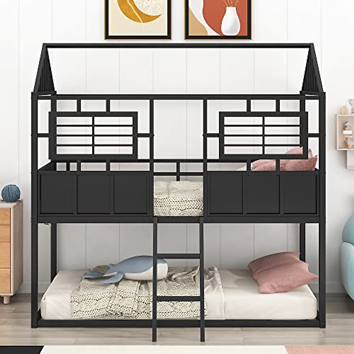 BIADNBZ Twin Over Twin Metal Bunk Bed House Shaped, Sturdy Low Bunkbed Frame with Roof and Fence-Shaped Guardrail, for Kids Boys Girls, Black