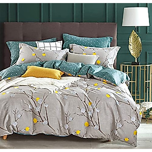 SLEEPBELLA Duvet Cover King, 600 Thread Count Cotton Grey Branch with Yellow Turquoise Polka Dot Pattern Green Reversible Comforter Cover(King, Grey Branches)
