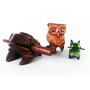 Guiro and Percussion Instruments animal Group Wooden 3 Pieces includes 3 Inch Wooden Frog, 4 Inch Wooden Cricket and 3.5 Inches Wooden Owls.