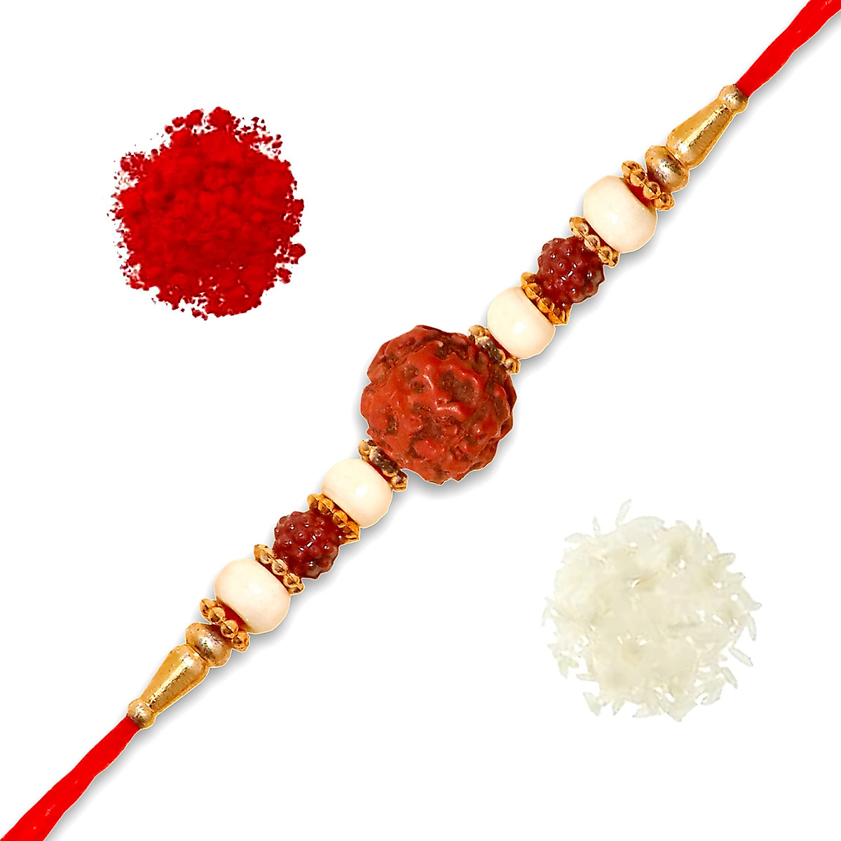 Indian Crafts Rakhi 12 Pc Rudraksh Rakhi For Brother Dora Pattern Rakhi For Bhaiya & Bhabhi with Roli Chawal,Bracelet for Boy's & men, Rudraksh Rakhi,Rakhi Combo For Brothers, M, beads