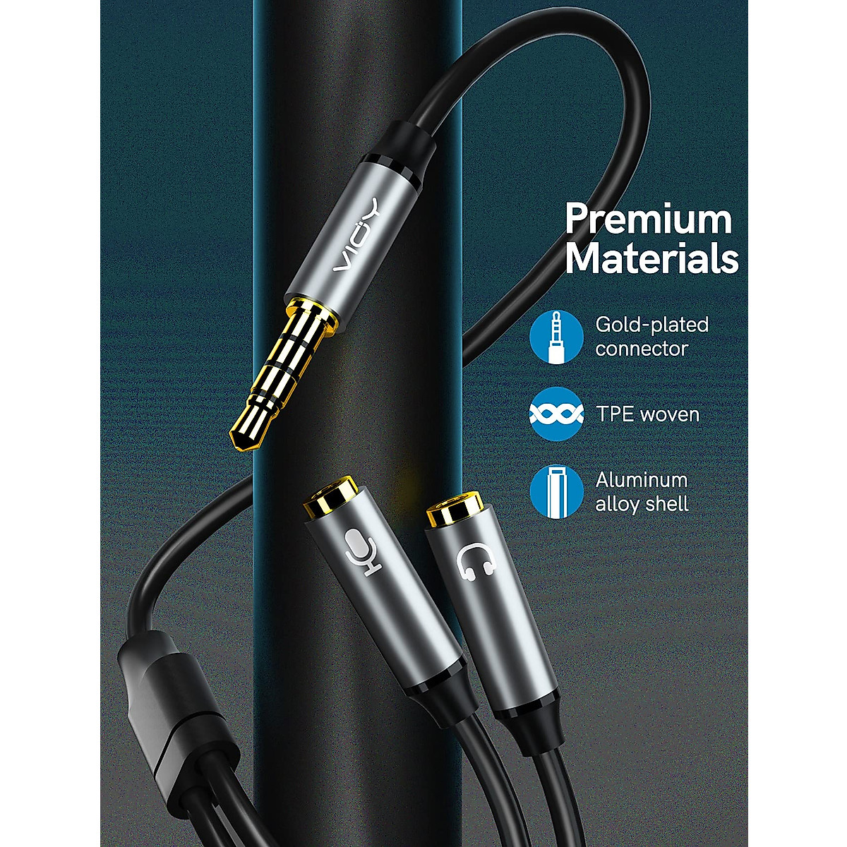 VIOY Mic Headphone Splitter, 3.5 mm Audio Headset Y Splitter Cable TRRS Male to 2 Female Separate Jack for PC Gaming Headset, PS4, Xbox One, Laptops, Tablet, Smartphone…