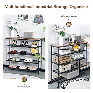 COSTWAY Shoe Rack, 5-Tier Free Standing Shoe Storage Organizer with Wooden Top, 4 Metal Mesh Shelves for 16-20 Pairs Shoes, Adjustable Protecting Feet for Entryway, Hallway, Rustic Brown and Black