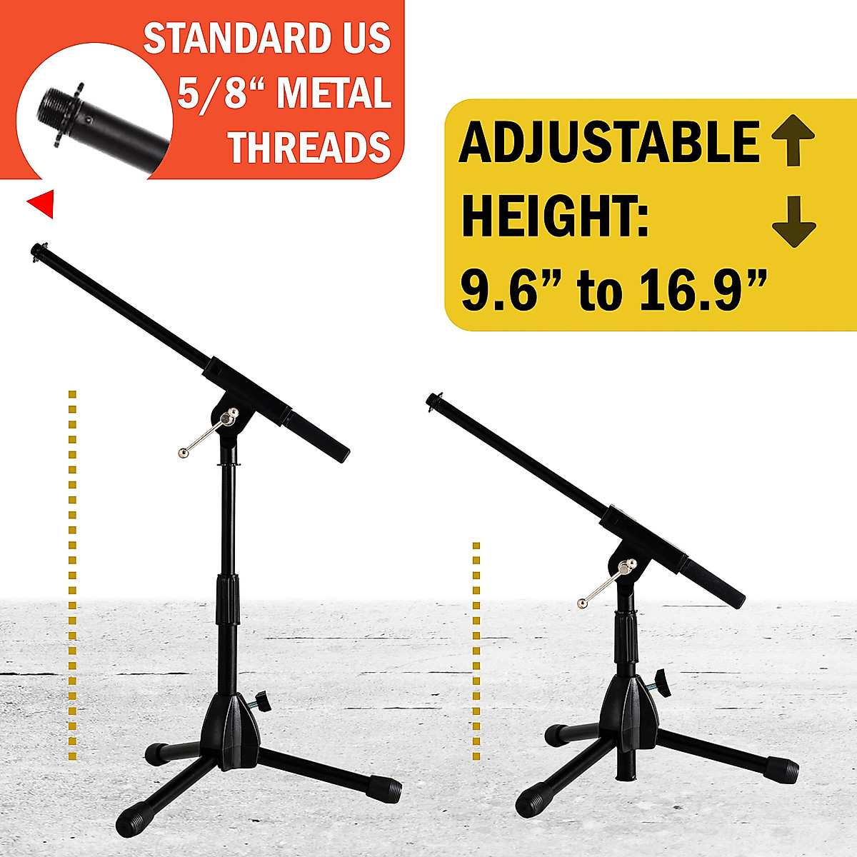 Stage Rocker Foldable Tripod Low-Profile Mic Boom Stand - Height Extending from 9.6'' to 16.9'', w/Adjustable Telescoping Arm Up to 9'', Lightweight/Convenient, Black, Powered by Hamilton(SR610121B)