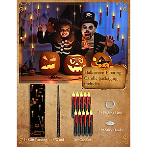 Qaeshi Floating Candles with Wand Remote, 10Pcs Magic Warm Flickering Flameless Hanging Candles,Battery Operated Window LED Taper Lights for Halloween Christmas Decor Home Party