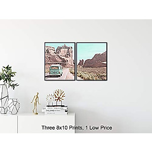Desert Cactus Travel Photo Set - 8x10 Volkswagen Van Picture Posters - Gift for American West Photography Fans - Unframed Wall Art Prints