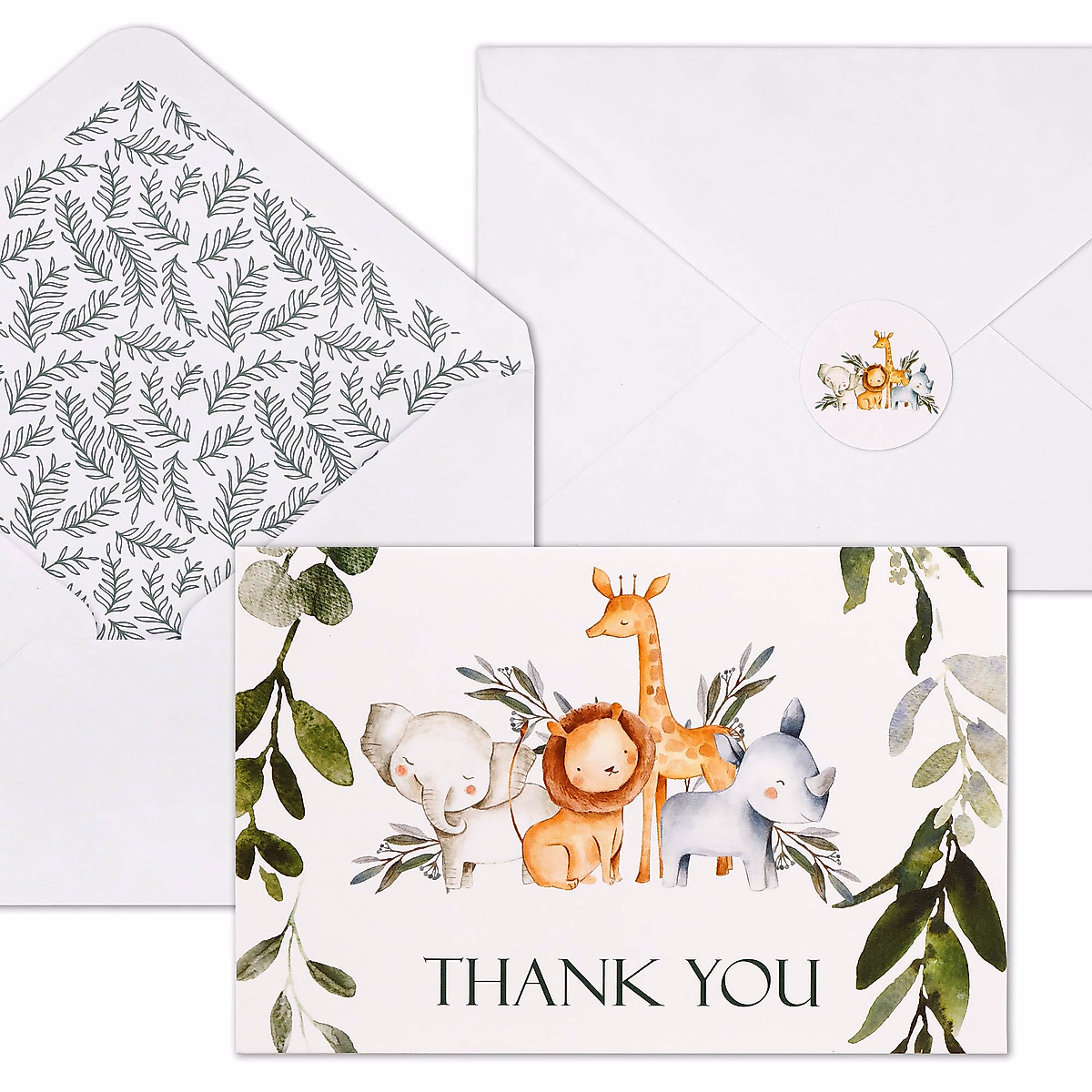 50 Pack Jungle Safari Greenery Thank You Cards, Cute Thank You Notes with Envelopes & Stickers, Baby Shower, Birthday any Occasion Large Size 4x6 Gratitude For Party, Children Stationery