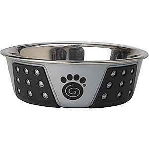 PetRageous 13097 Fiji Stainless Steel Non-Slip Dishwasher Safe Dog Bowl 1.75-Cup Capacity 5.5-inch Diameter 1.75-inch Tall for Small and Medium Size Dogs and Cats, Light Grey and Black