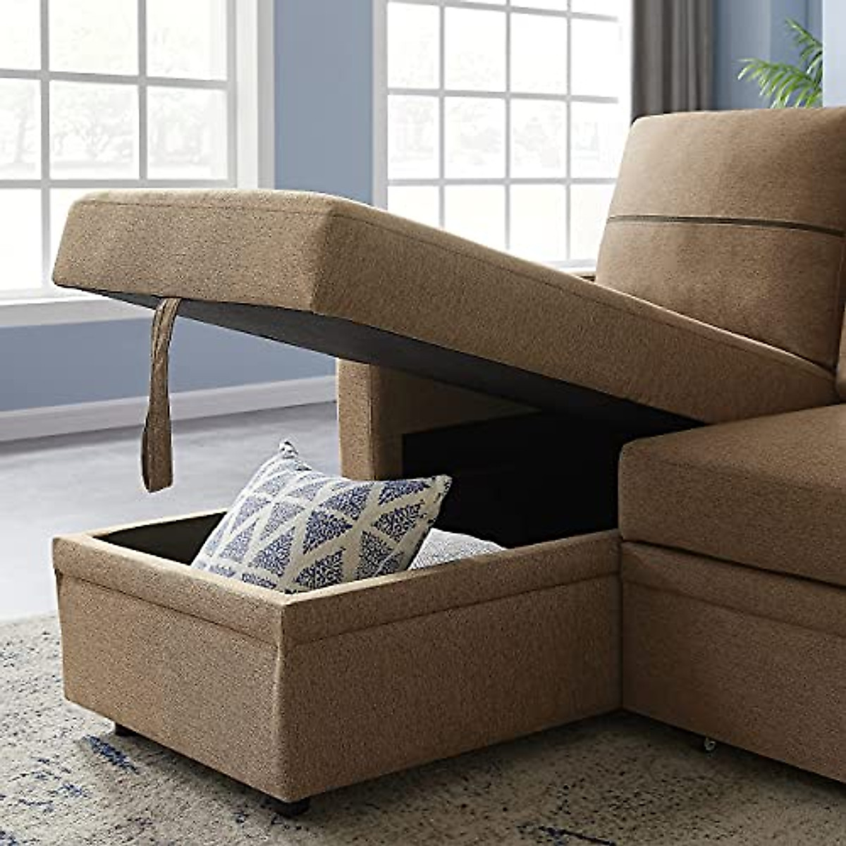 Melpomene Convertible Sectional Sofa Couch Pull Out Bed Sleeper Sofa with Storage 3 Seater L Shaped Couch Linen Upholstered Fabric Corner Sofa with 2 Cupholders for Living Room (Brown)