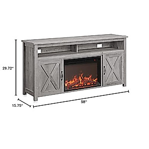 BELLEZE Barn Door Wood Electric Fireplace TV Stand for TVs up to 65 Inches Open Shelves and Cabinets Media Entertainment Center Console Table - Corin (Gray Wash)