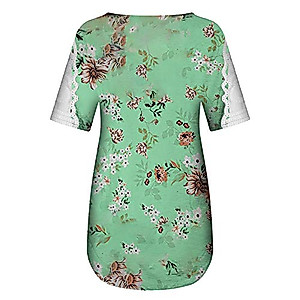 wodceeke Women's Lace Short-Sleeved Floral T-Shirt V-Neck Plus Size Stitching Tee Summer Casual Sports Top (Green, XL)