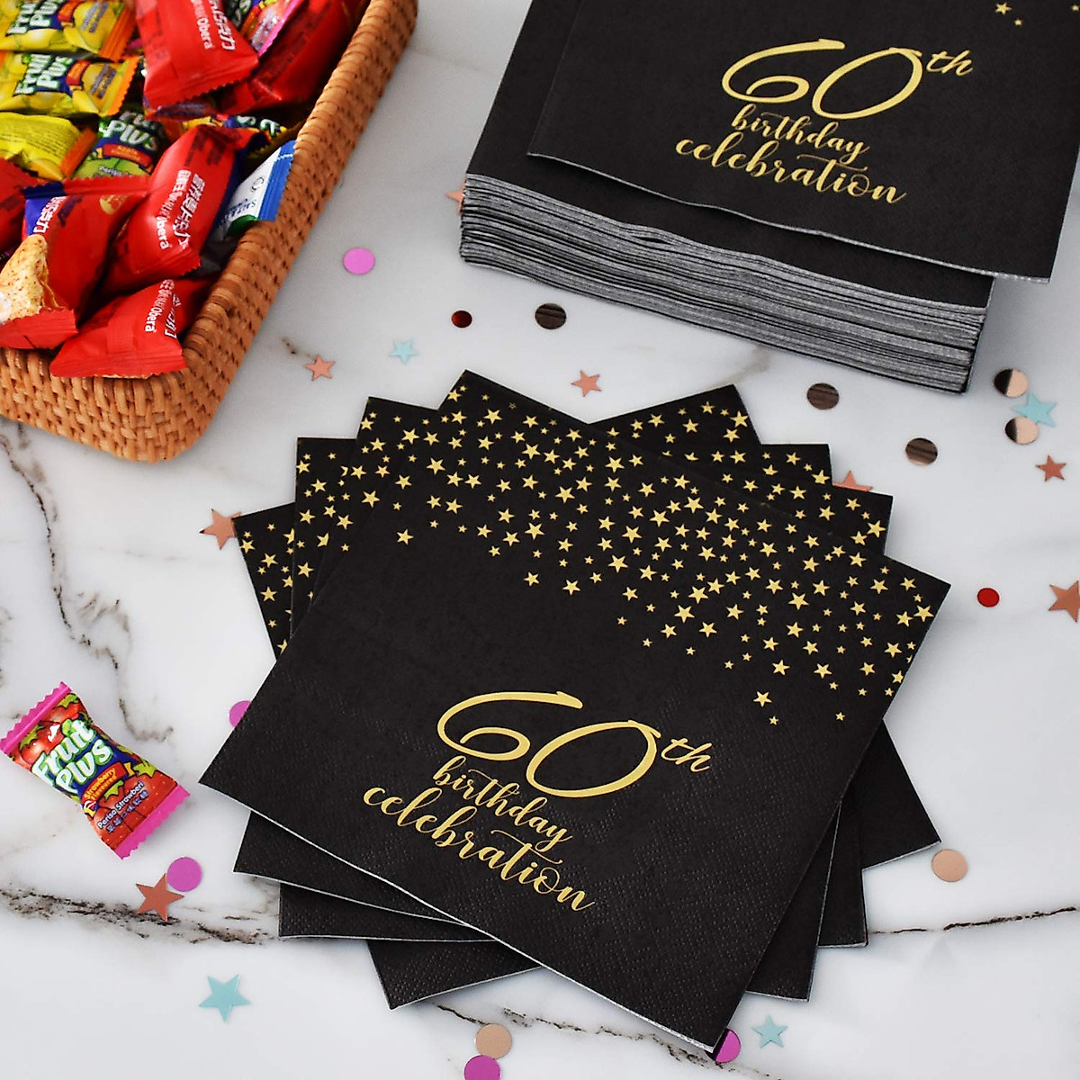 Gatherfun 60th Birthday Party Supplies Disposable Paper Plates Napkins Cups Knives Spoons Forks Tablecloth Banner Number 60 Balloons for Men Woman Black and Gold 60 Birthday Party Decorations Serve 25